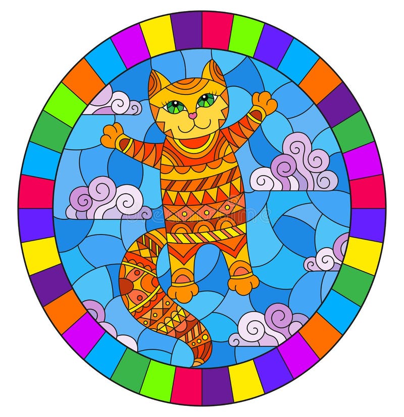 Illustration in Stained Glass Style with Cartoon Red Cat on the ...