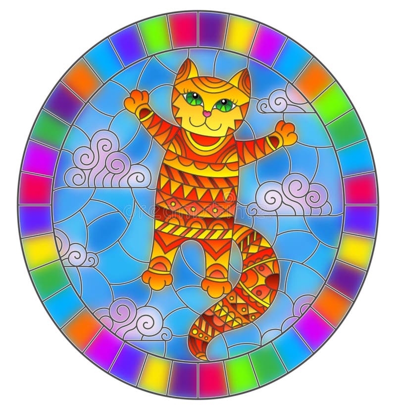 Illustration in Stained Glass with Cartoon Red Cat on the Background of ...