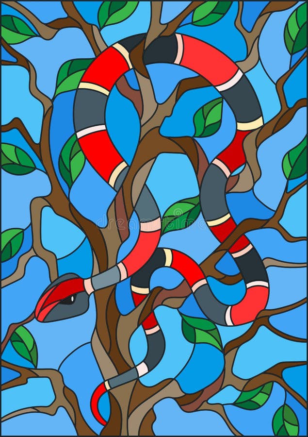 Stained Glass Illustration with Colorful Snake on the Tree on Blue ...