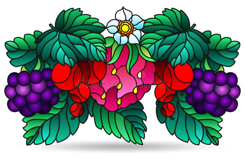 A Stained Glass Illustration with Composition of Berries and Leaves ...