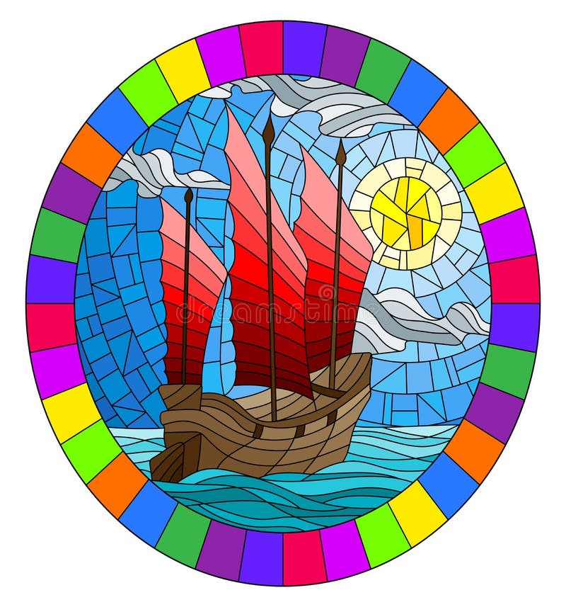 Stained Glass Illustration With Eastern Ship With Red Sails On The ...