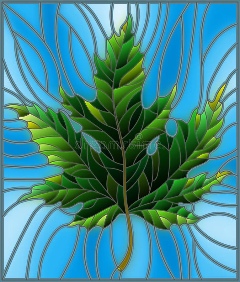 Stained Glass Illustration with a Green Maple Leaf on a Blue Background ...