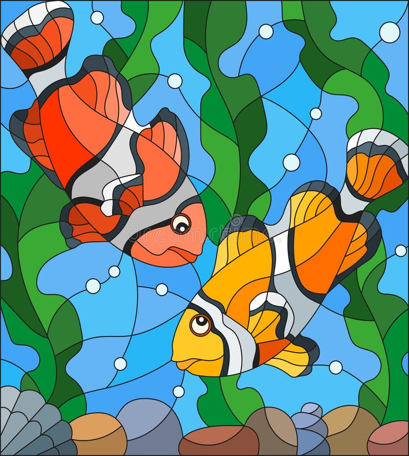 Stained Glass Illustration with a Pair of Clown Fish on the Background ...