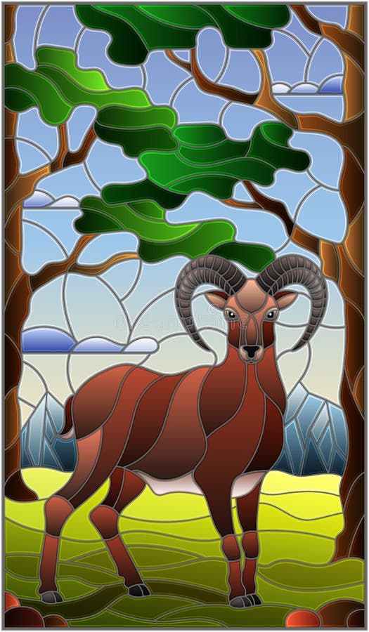 Stained Glass Illustration with RAM on the Background of Trees ...