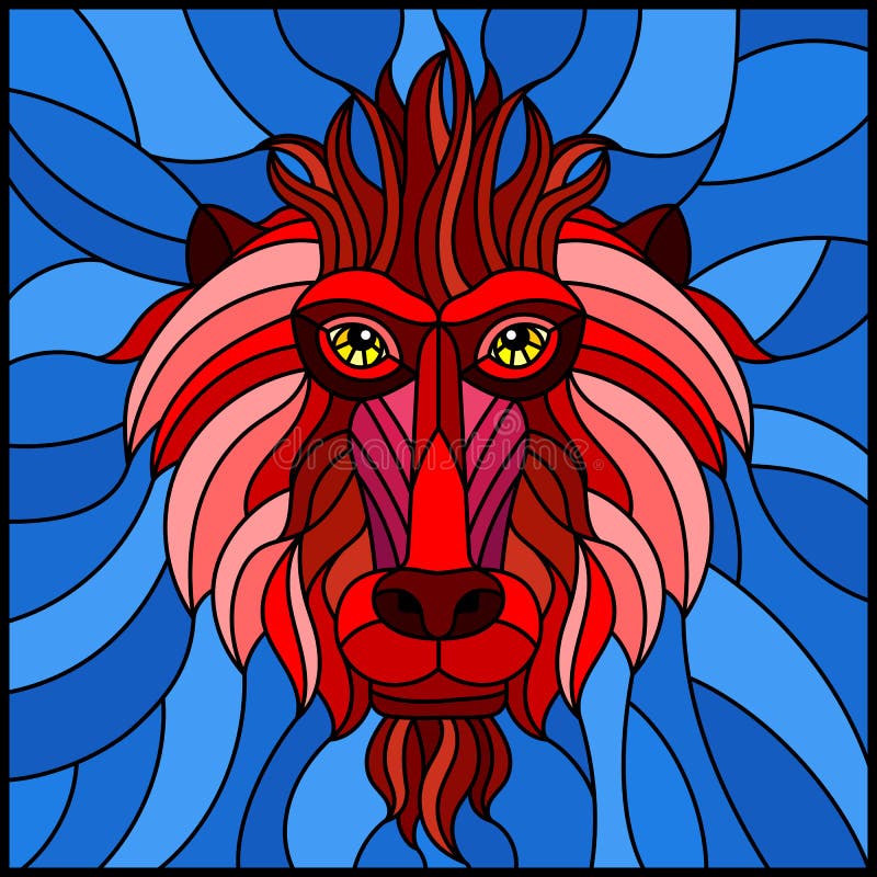 Stained Glass Illustration with a Red Monkey`s Head on Bink Background ...