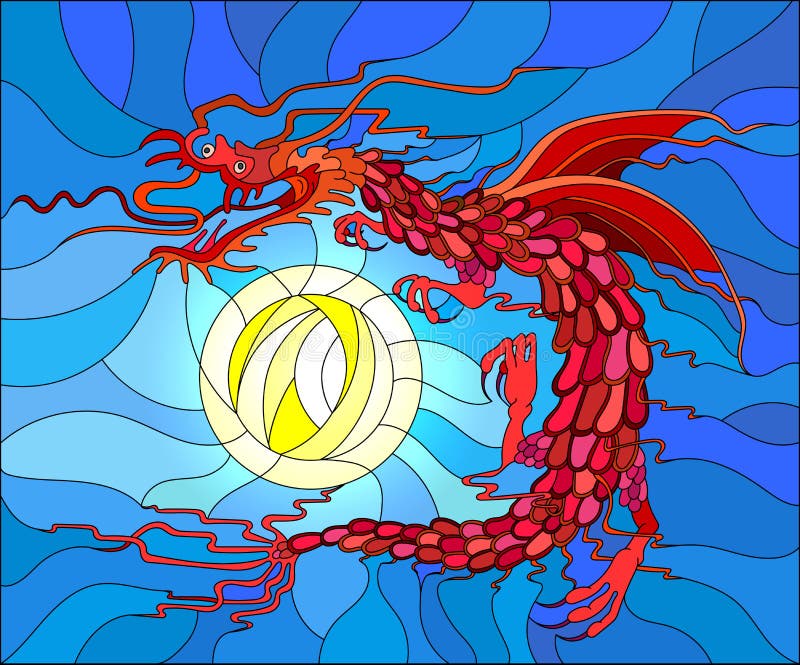 Stained Glass Illustration with Red, Winged Dragon and a Sun in the Sky ...
