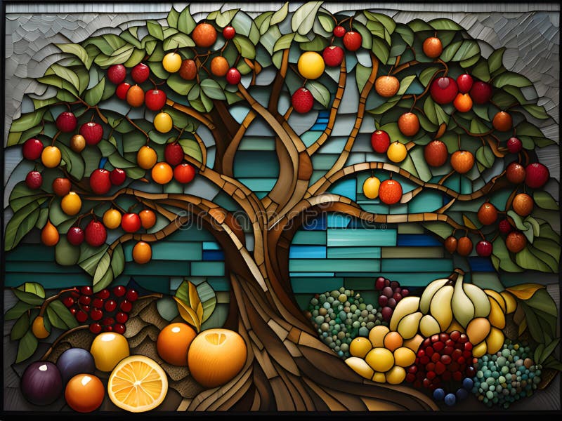 Stained Glass Illustration of a Tree with Fruits and Berries Stock ...