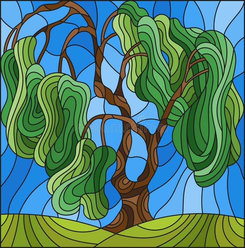 Stained Glass Illustration with Tree on Sky Background Stock Vector ...