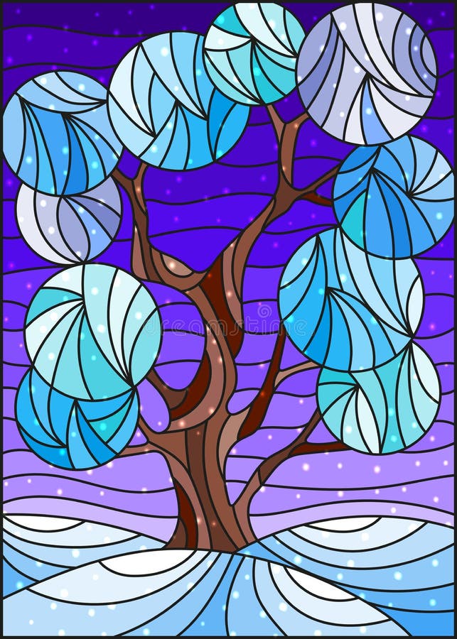 Stained Glass Illustration with Winter Tree on Sky Background with the ...