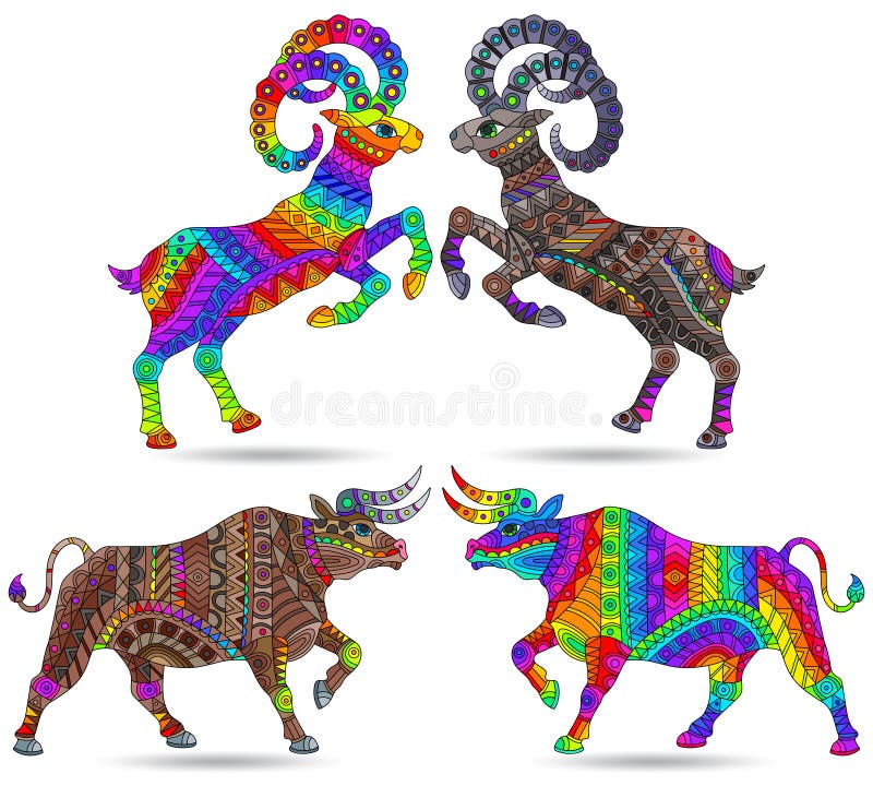A Stained Glass Illustrations with Abstract Bulls and Rams, Animals ...