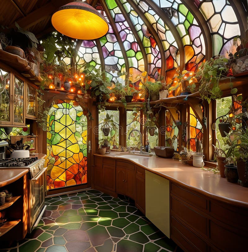 Stained Glass Interior Kitchen Design Concept. Stock Illustration ...