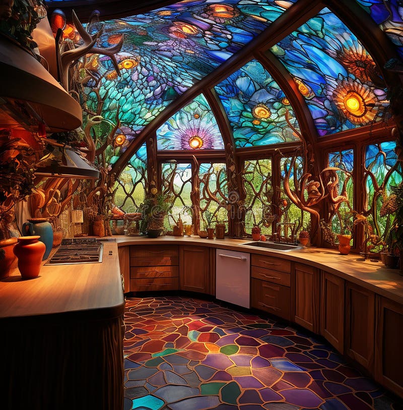 Stained Glass Interior Kitchen Design Concept. Stock Illustration ...
