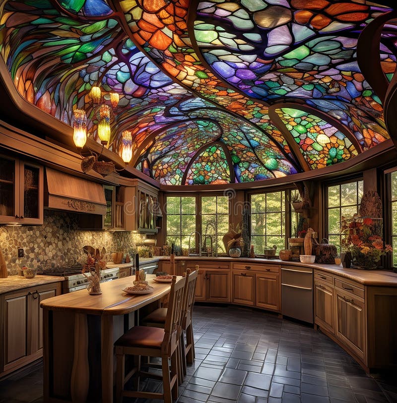 Stained Glass Interior Kitchen Design Concept. Stock Illustration ...