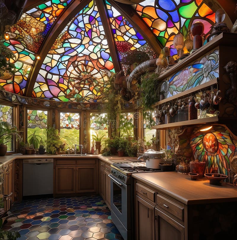 Stained Glass Interior Kitchen Design Concept. Stock Illustration ...