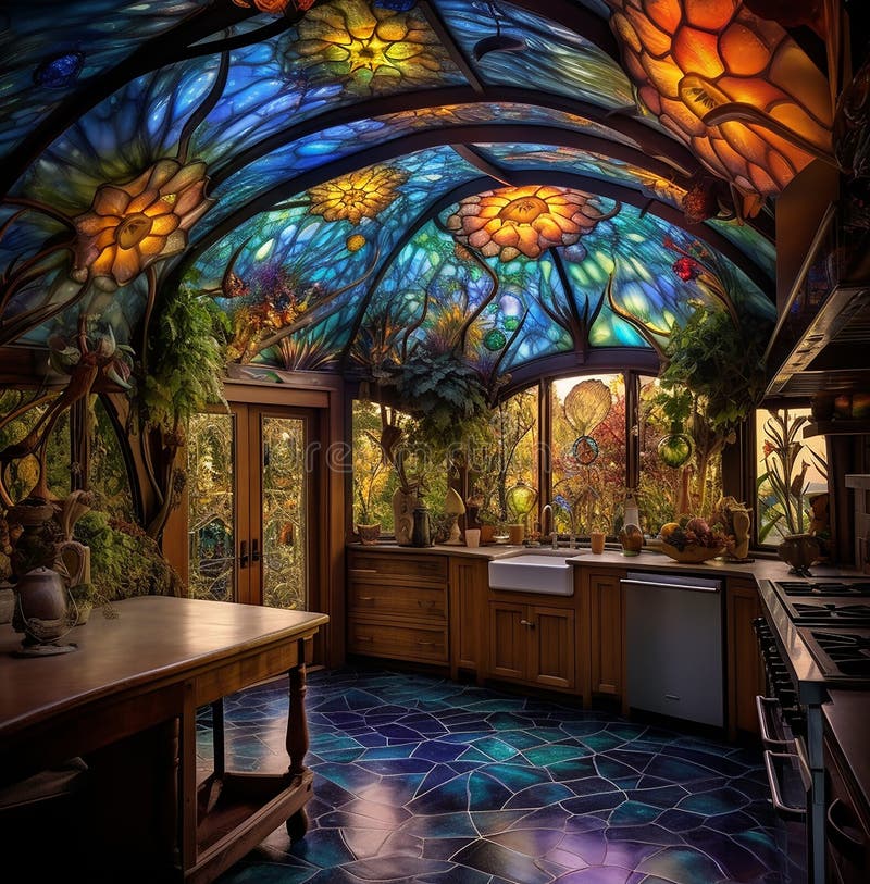 Stained Glass Interior Kitchen Design Concept. Stock Illustration ...