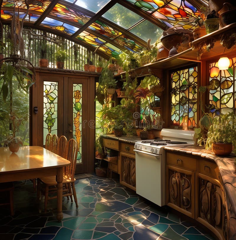 Stained Glass Interior Kitchen Design Concept. Stock Illustration ...