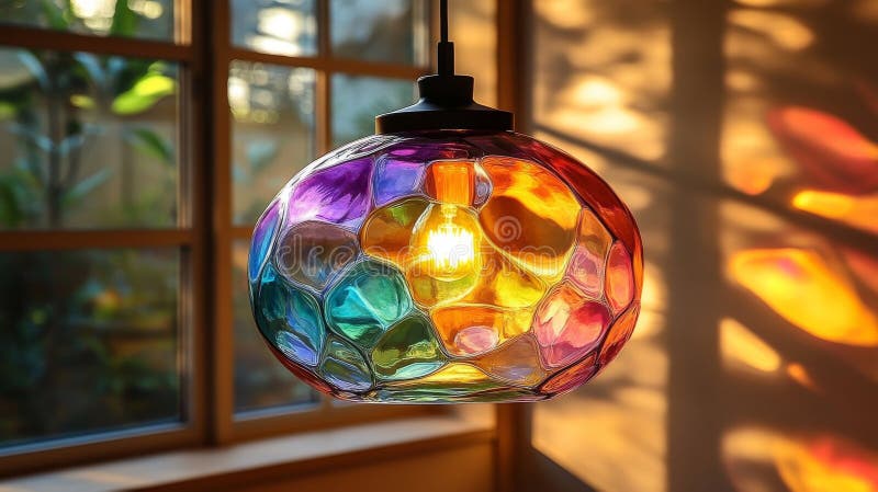 Stained Glass Lamp with Colorful Light Reflections in Cozy Room Stock ...