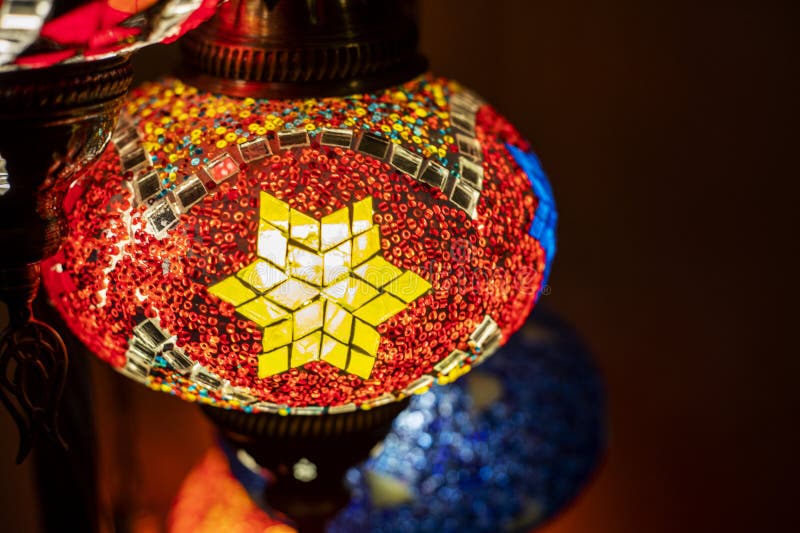 Stained Glass Lamp on a Dark Background with a Geometric Pattern Stock ...