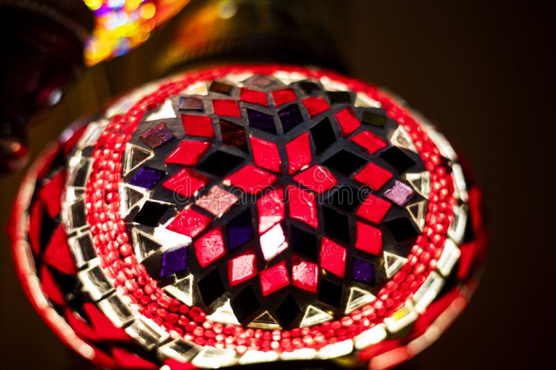 Stained Glass Lamp on a Dark Background with a Geometric Pattern Stock ...