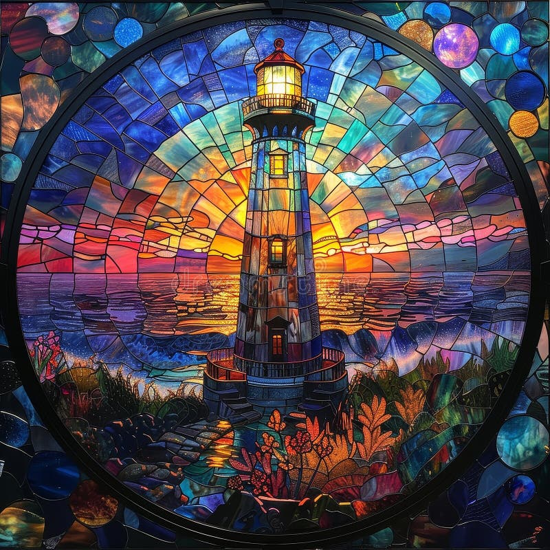 A Stained Glass Lighthouse Masterpiece Stock Illustration ...