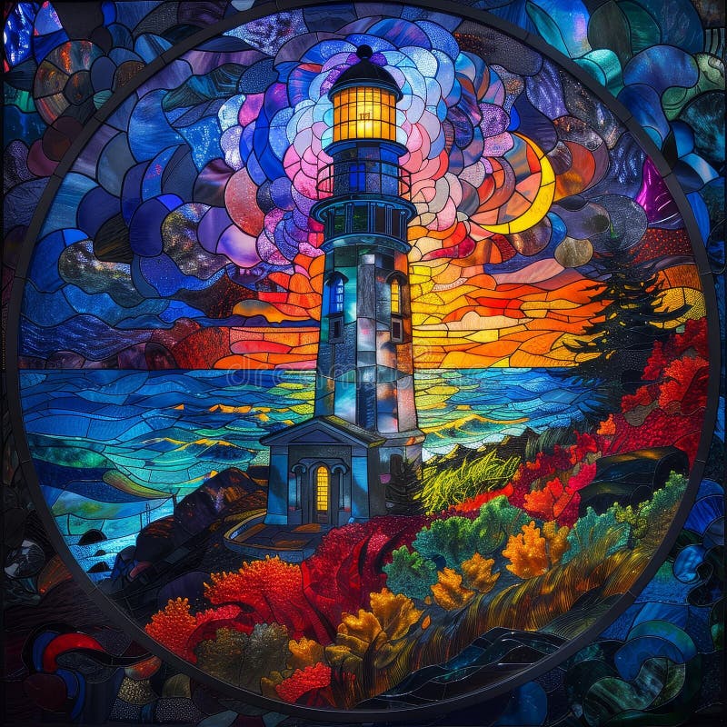 A Stained Glass Lighthouse Masterpiece Stock Illustration ...