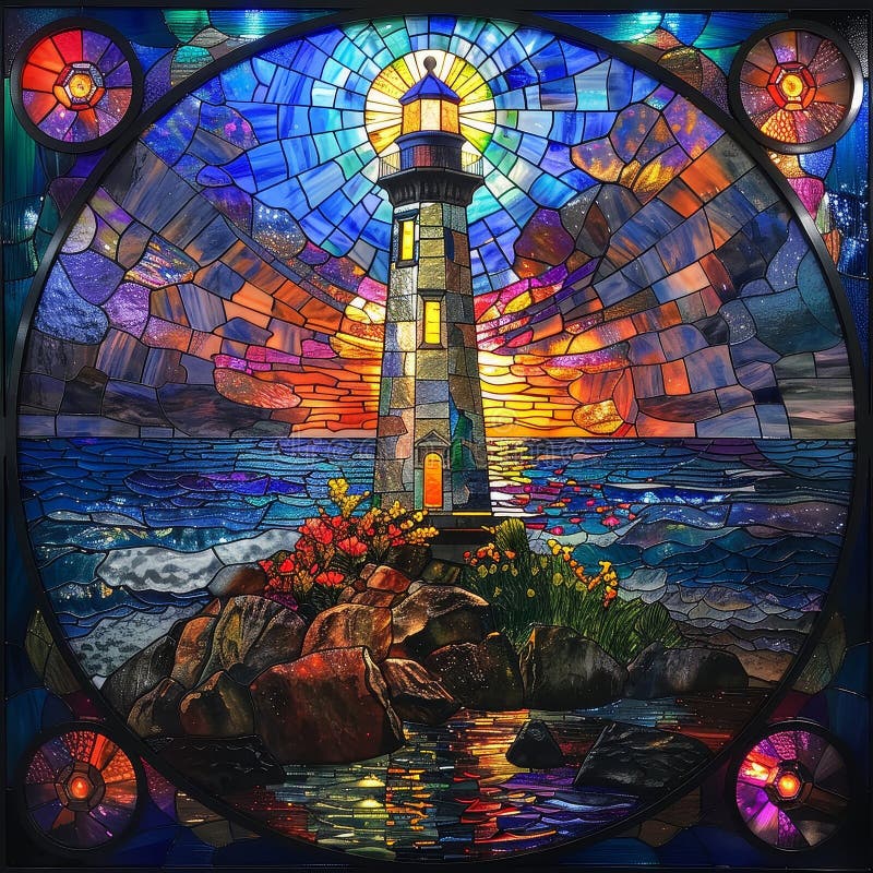 A Stained Glass Lighthouse Masterpiece Stock Illustration ...