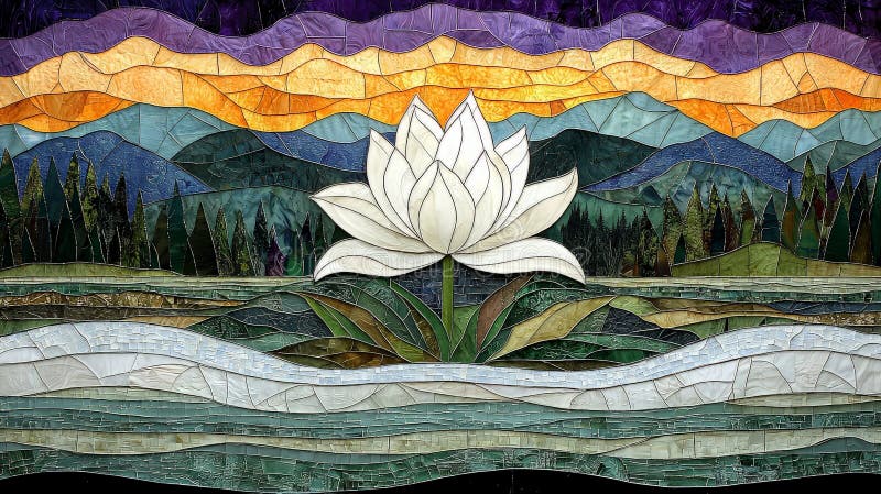 Stained Glass Lotus in Mountain Landscape Stock Image - Image of peace ...