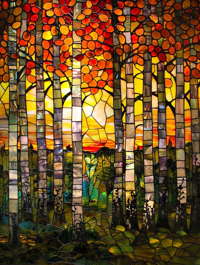 A Stained Glass Painting of Trees in the Forest Stock Image - Image of ...