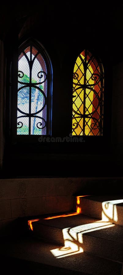 Stained Glass Reflections With Reflections On The Stairs Stock Image ...