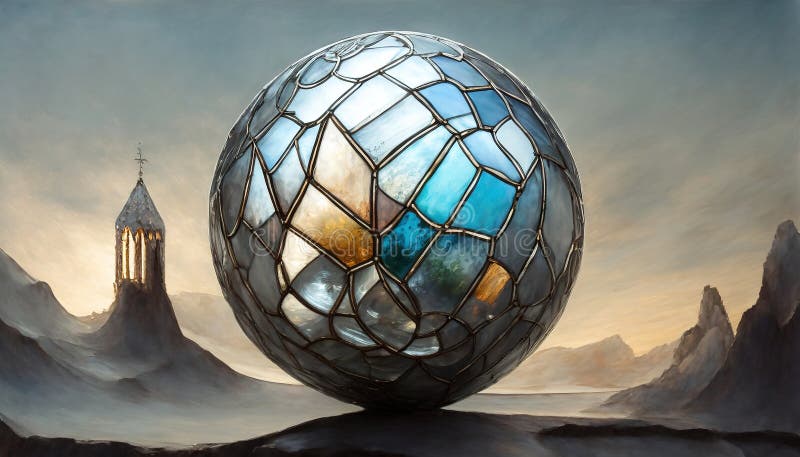 A Stained Glass Sphere in a Surreal Landscape with Mountains and a ...