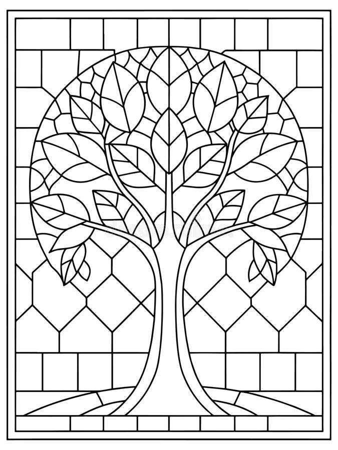 Stained Glass Tree Coloring Page with Artistic Printable Design Stock ...