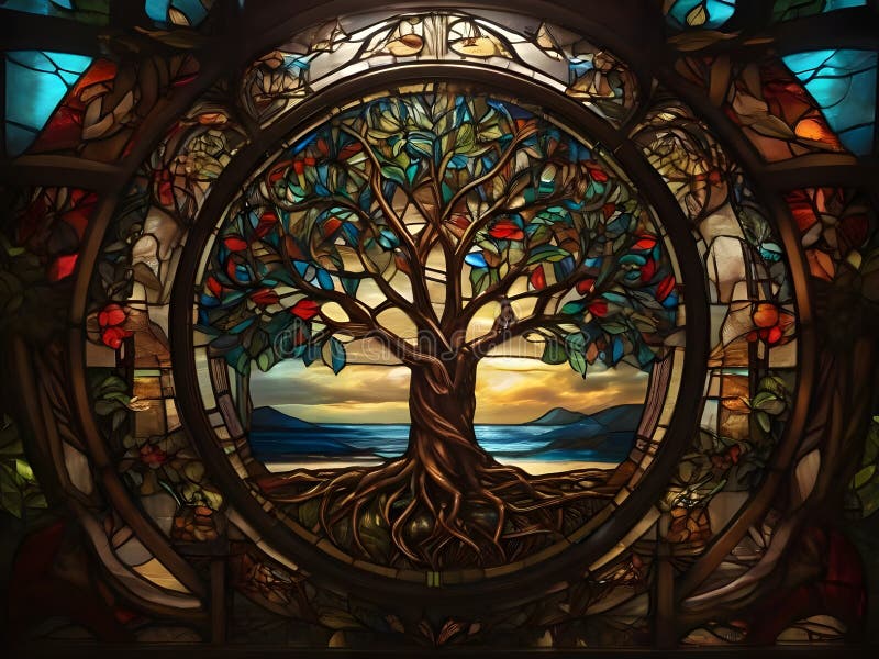 Stained Glass Tree of Life in Round Frame Illustration Stock Image ...