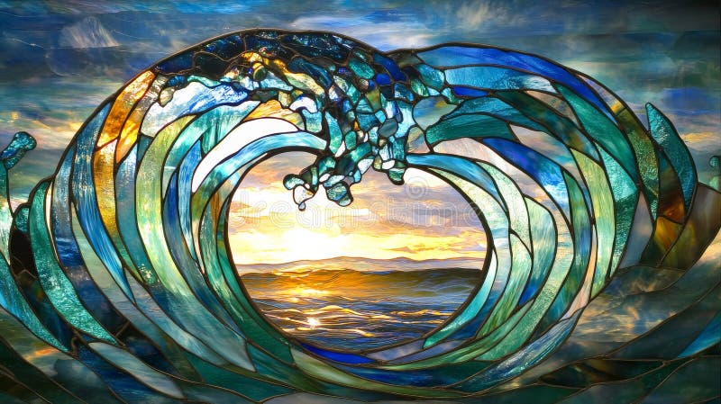 Stained Glass Wave Capturing Sunset Over Ocean Stock Image - Image of ...