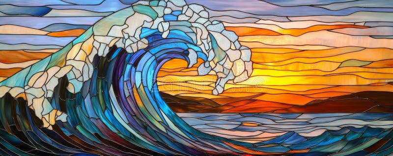 Stained Glass Wave with Sunset, Artistic Design. Ocean and Nature ...