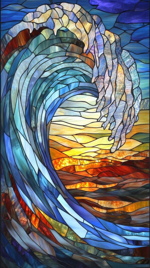 Stained Glass Wave with Vibrant Sunlight, Artistic Ocean Concept Stock ...