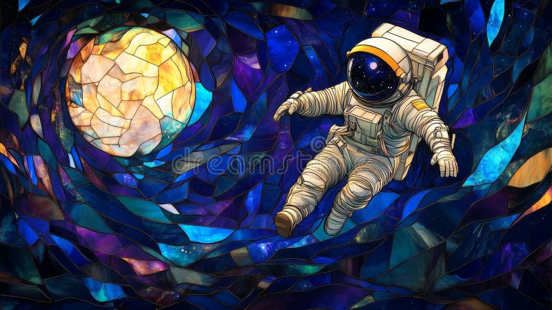 A Stained Glass Window with an Abstract Scene of an Astronaut Floating ...