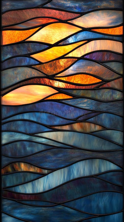 Stained Glass Window with Abstract Wave Pattern, Colorful Art and ...