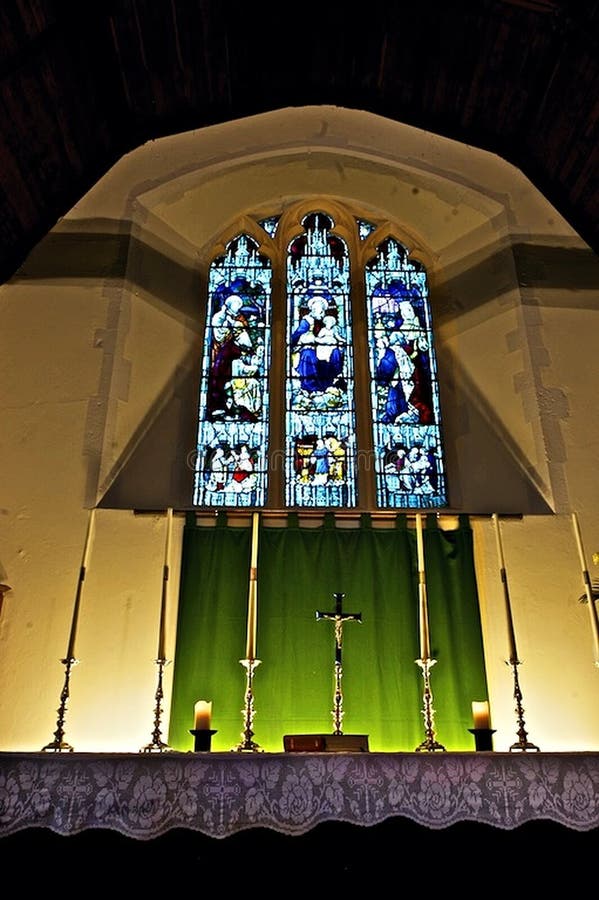 Stained Glass Window and Altar Stock Image - Image of church, indoors ...