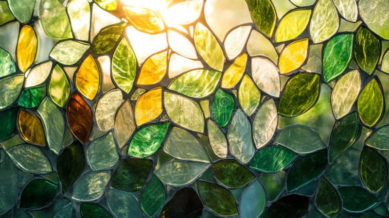 Stained Glass Window with Backlit Green and Yellow Leaves Stock ...