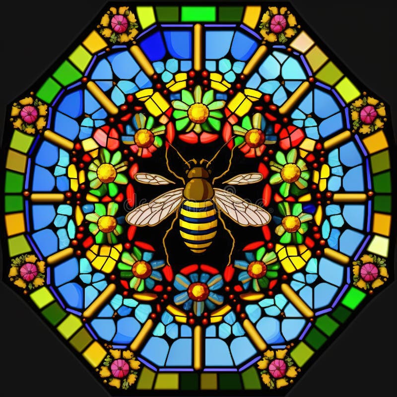 Stained Glass Window with Bee. Generative AI Stock Illustration ...