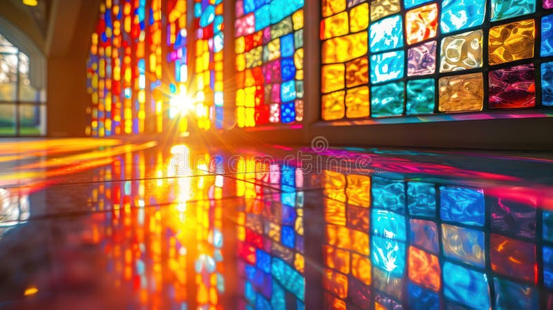 Radiant Sunlight Illuminates Colorful Stained Glass Window Reflection ...