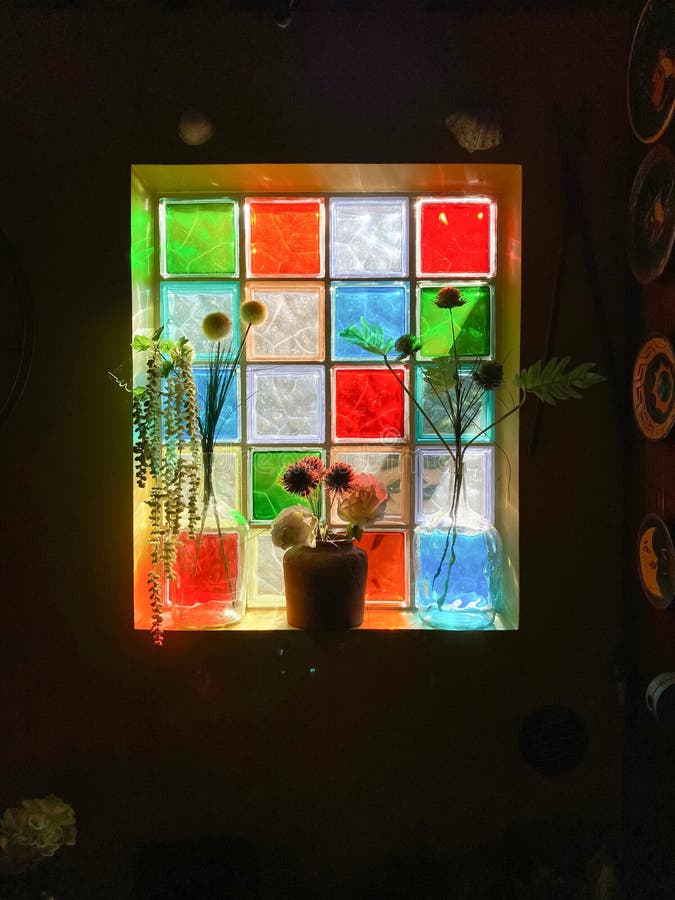 Stained Glass Window Made from Colored Glass Blocks in a Dark Room ...