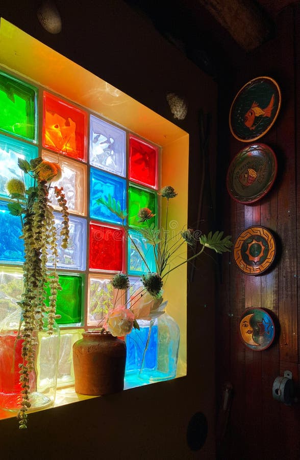 Stained Glass Window of Colored Glass Blocks in a Dark Room Stock Photo ...