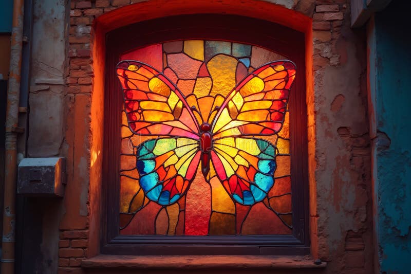 A Stained Glass Window with a Colorful Butterfly on it Stock Photo ...
