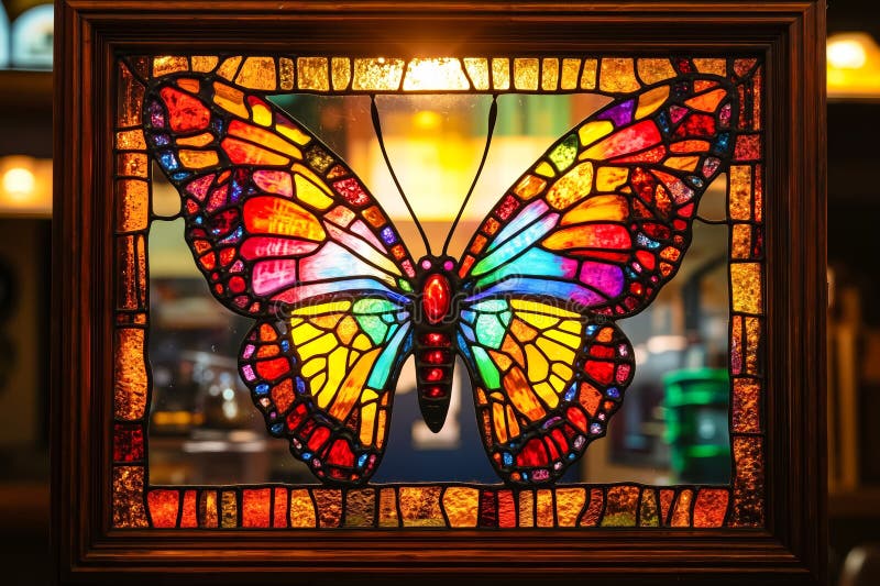 A Stained Glass Window with a Colorful Butterfly on it Stock Image ...