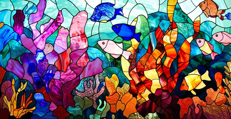 A Stained Glass Window with Colorful Fish and Corals Stock Photo ...