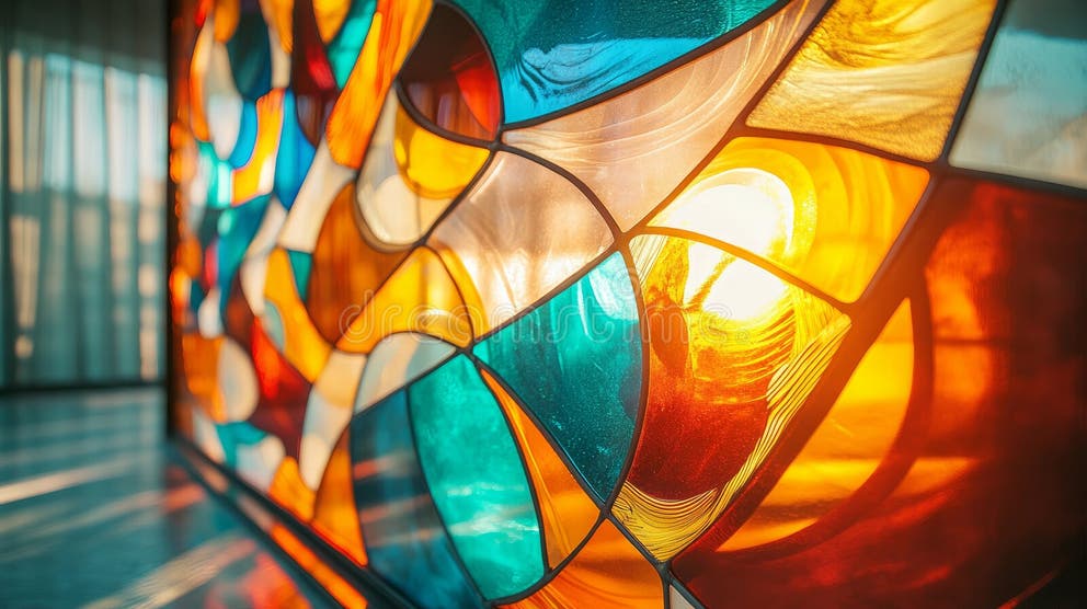 Stained Glass Window with Colorful Geometric Patterns, Sunlight ...