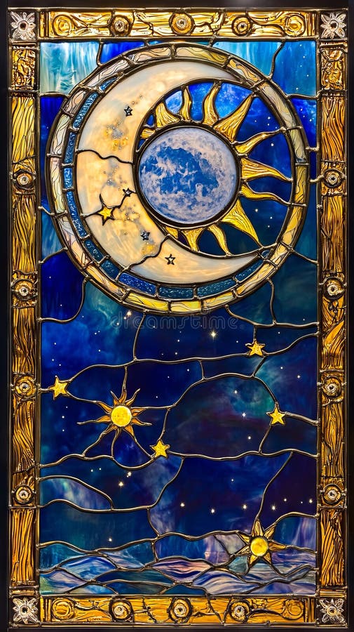 A Stained Glass Window with a Crescent Moon and Stars Stock Image ...