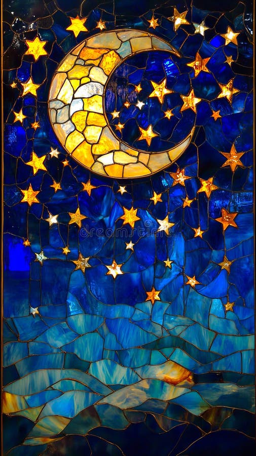 A Stained Glass Window with a Crescent and Stars on it Stock Photo ...