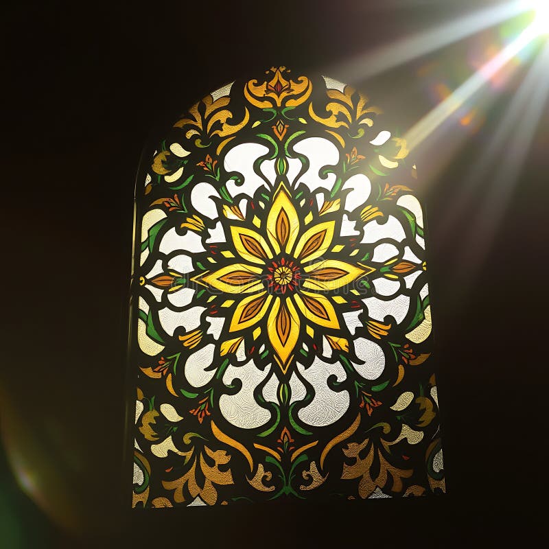 A Stained Glass Window with an Elaborate Floral Pattern in Sunlight ...
